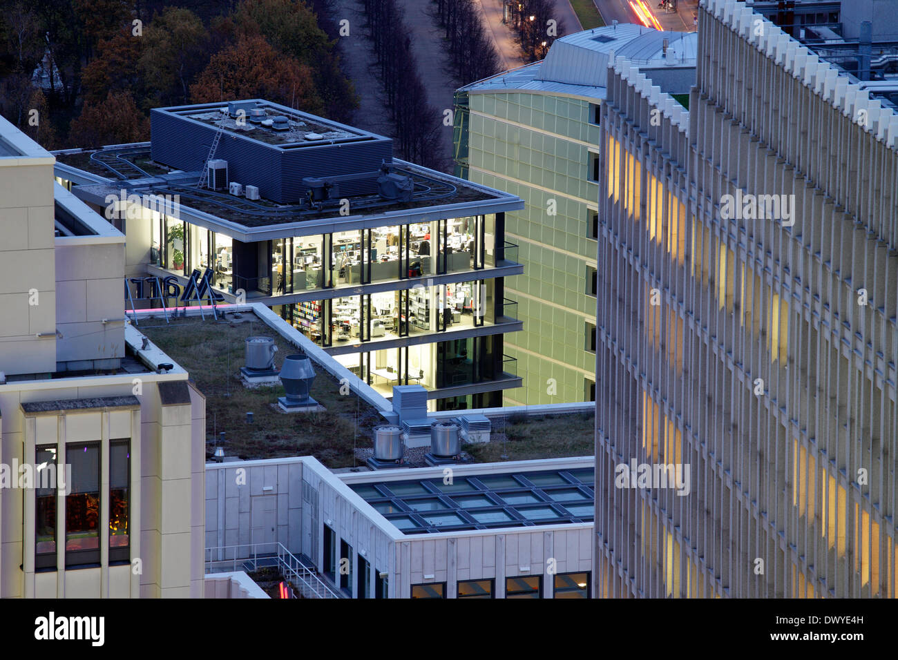 Berlin, Germany, Office buildings with lighted windows at Potsdamer ...