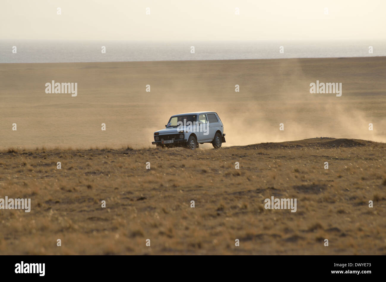 4WD Lada Niva by Song Kol lake, Tien Shan Mountains, Kyrygzstan Stock ...
