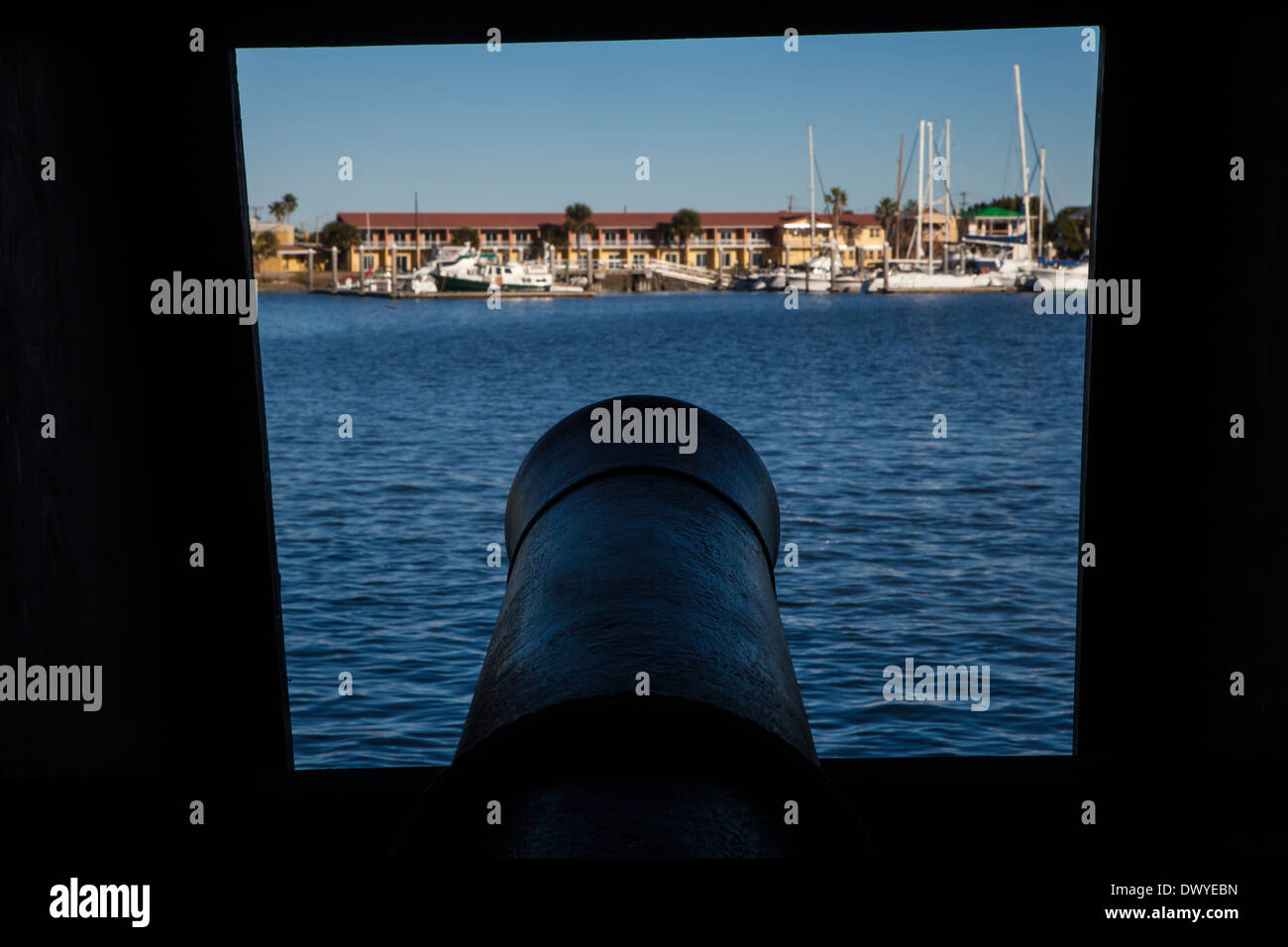 The town of St. Augustine is seen through the gun port of El Galeon ...
