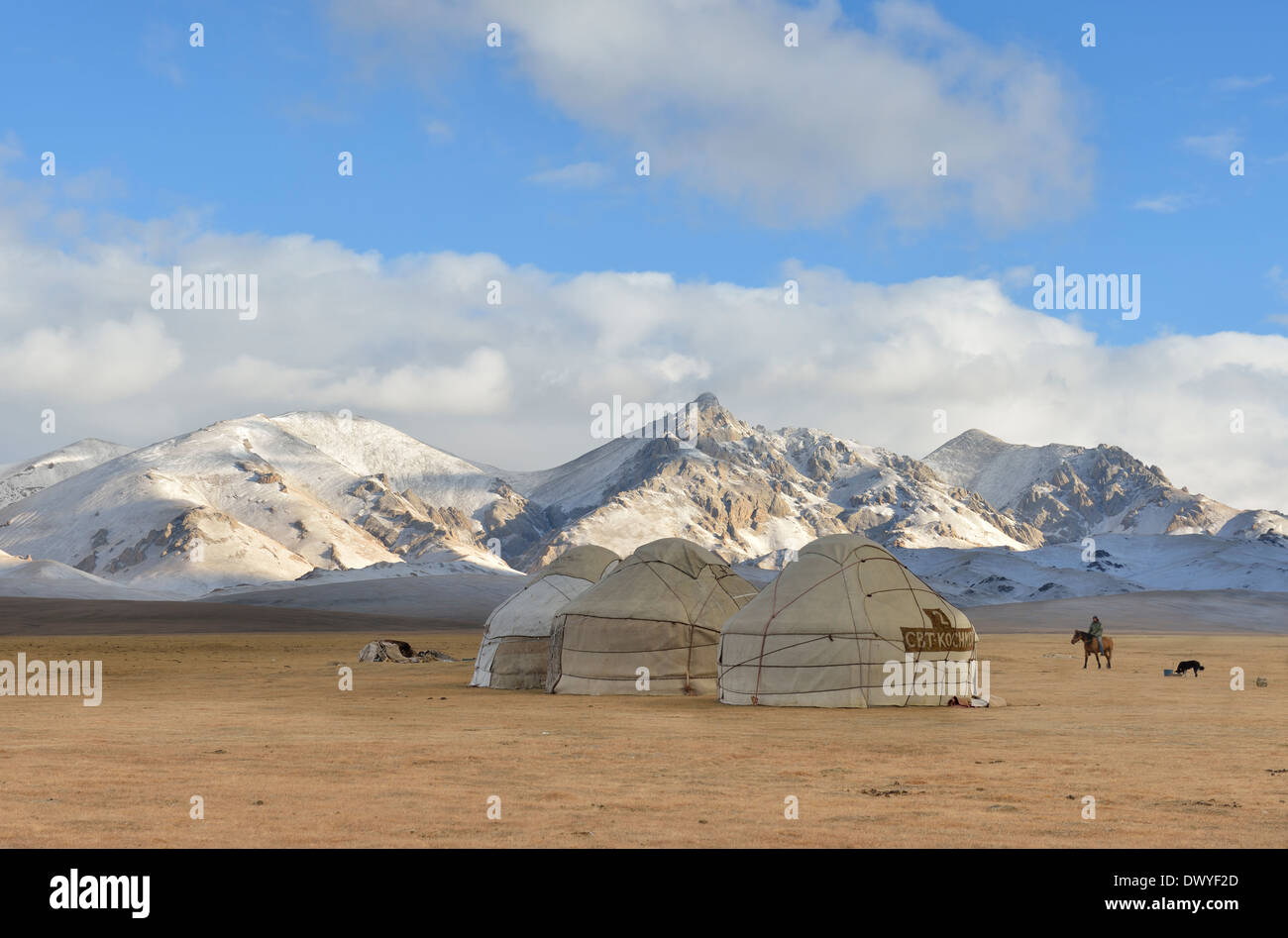 Nomad yurts on the pasture by Song Kol Lake, Tien Shan Mountains ...