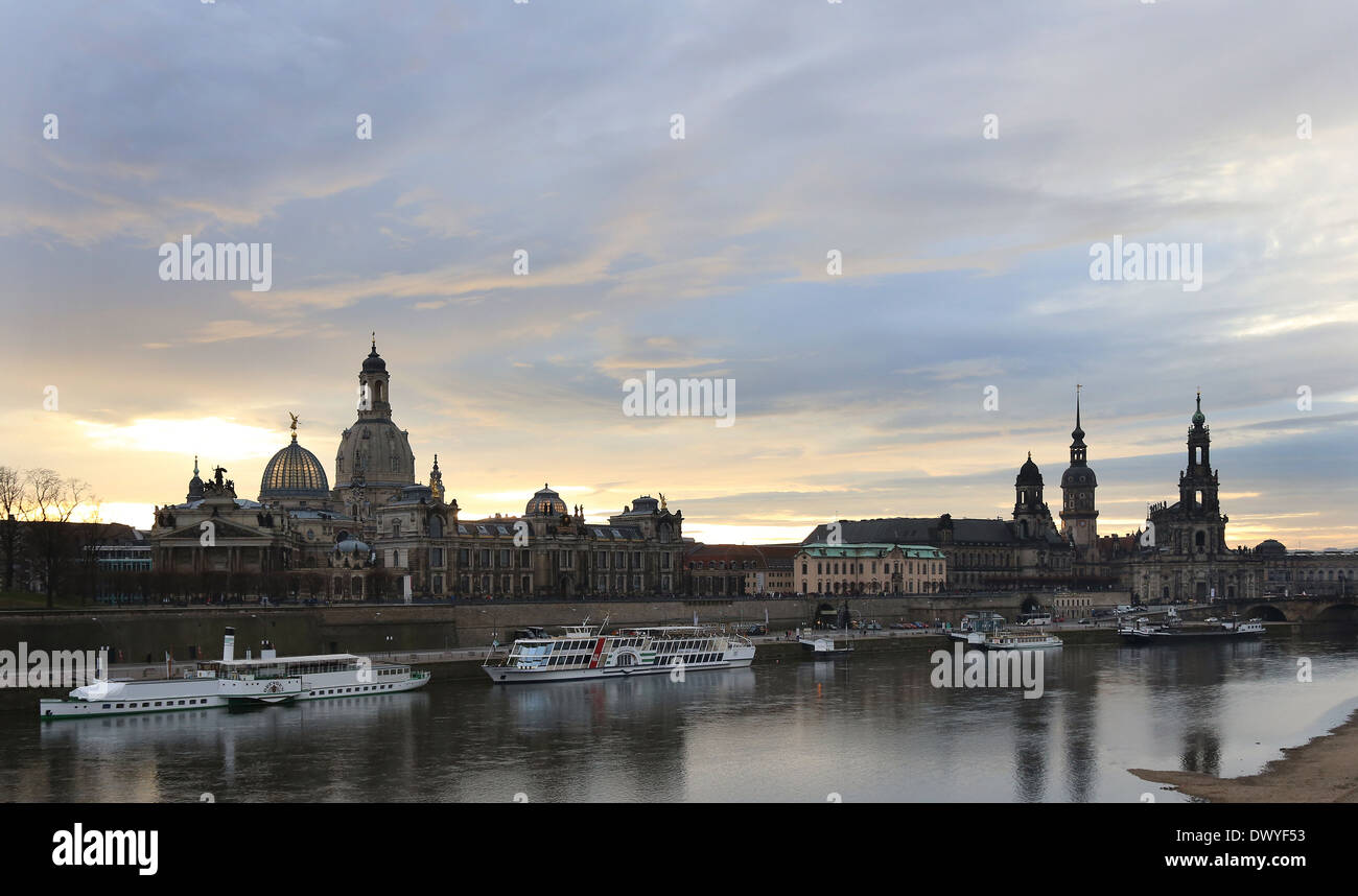 Dresden, Germany, view from the Carolabruecke of the old town at night ...