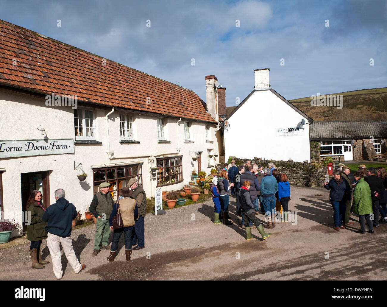 Groups of people outside Lorna Doone Farm, Malmsmead, Exmoor national ...