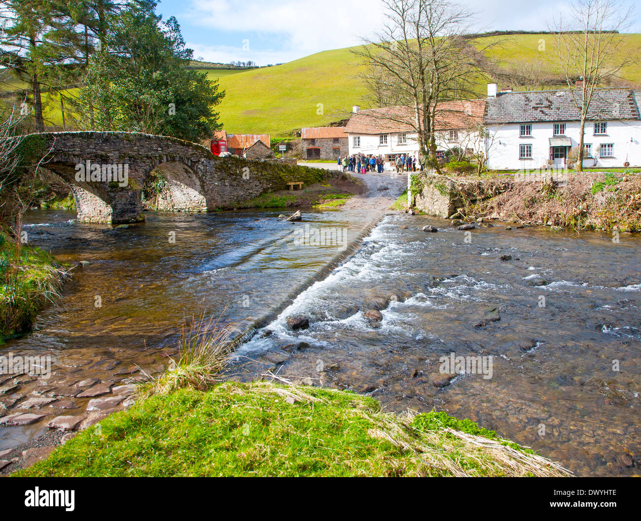 Bridge over Badgworthy Water river, Lorna Doone Farm, Malmsmead, Exmoor ...
