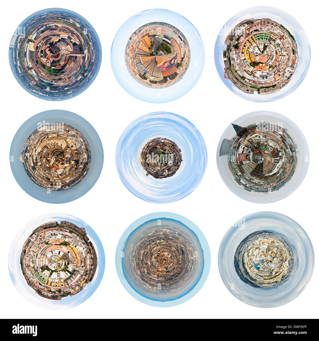 set of spherical panoramas of european towns - Athens, Barcelona ...