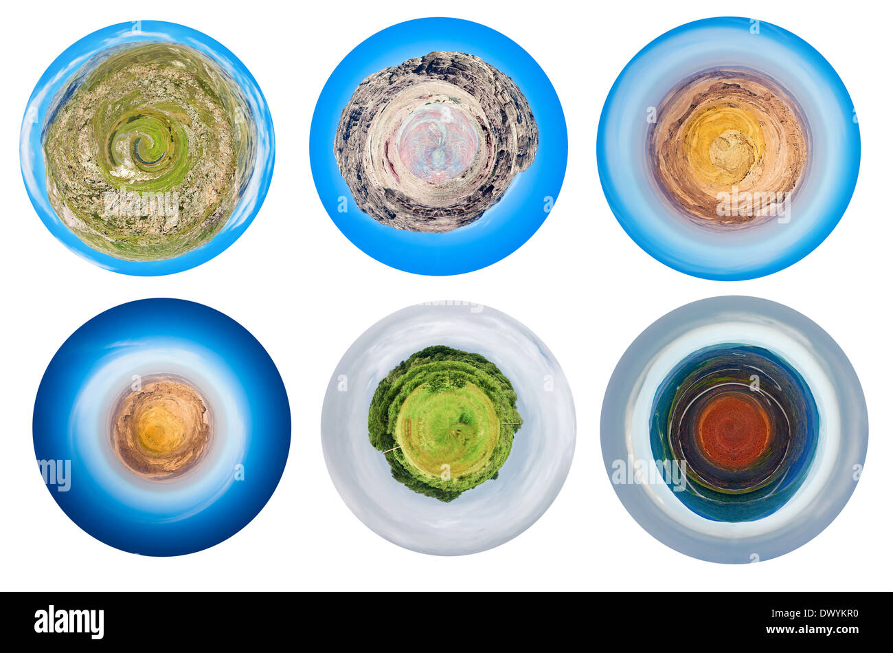 set of stylized spherical views of mountain planets Stock Photo - Alamy