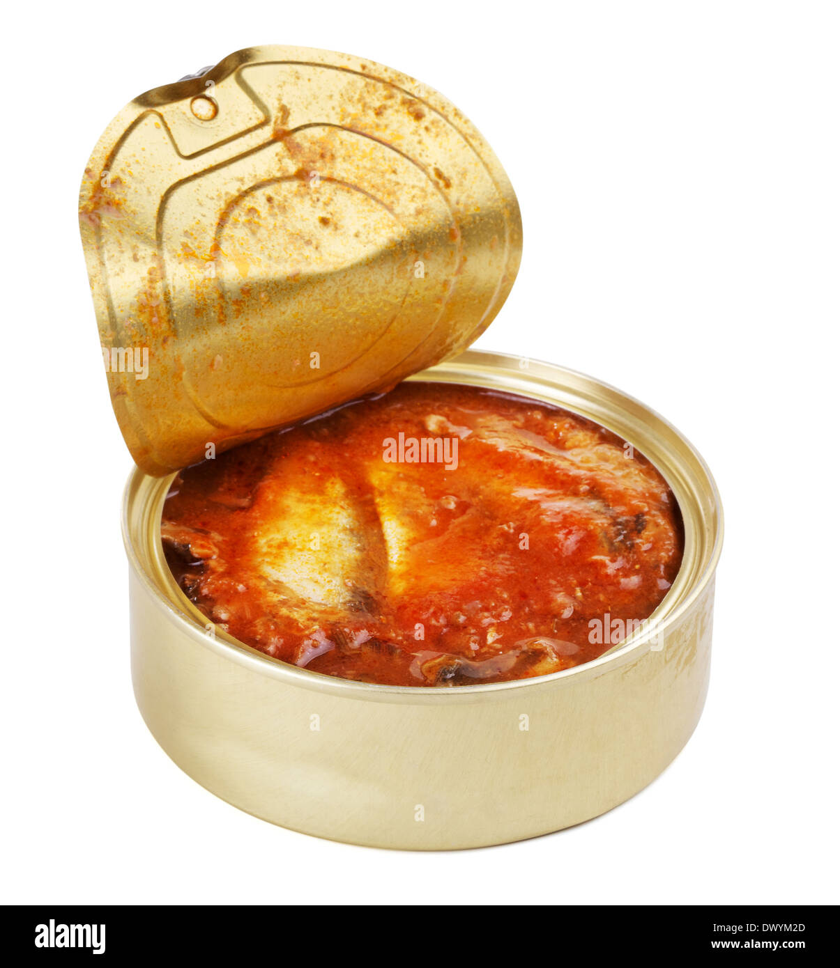 opened tincan with fish, isolated on white background Stock Photo - Alamy