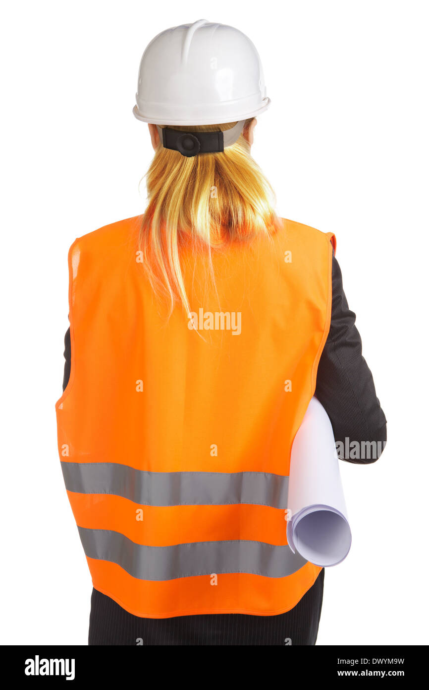 engineer woman with drawing, isolated on white, rear view Stock Photo ...