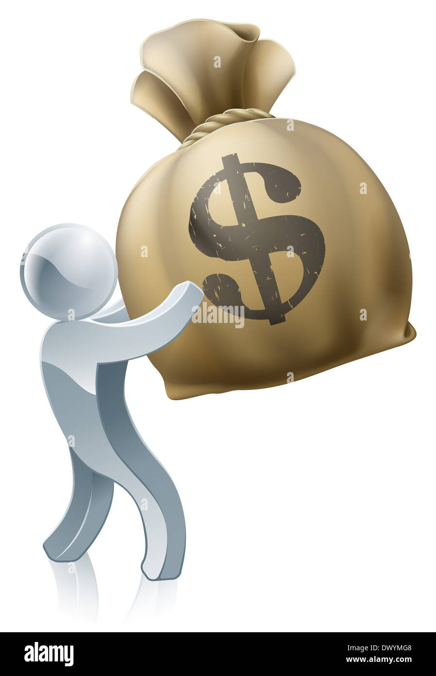 Money sack man concept of a silver mascot person holding a big money ...