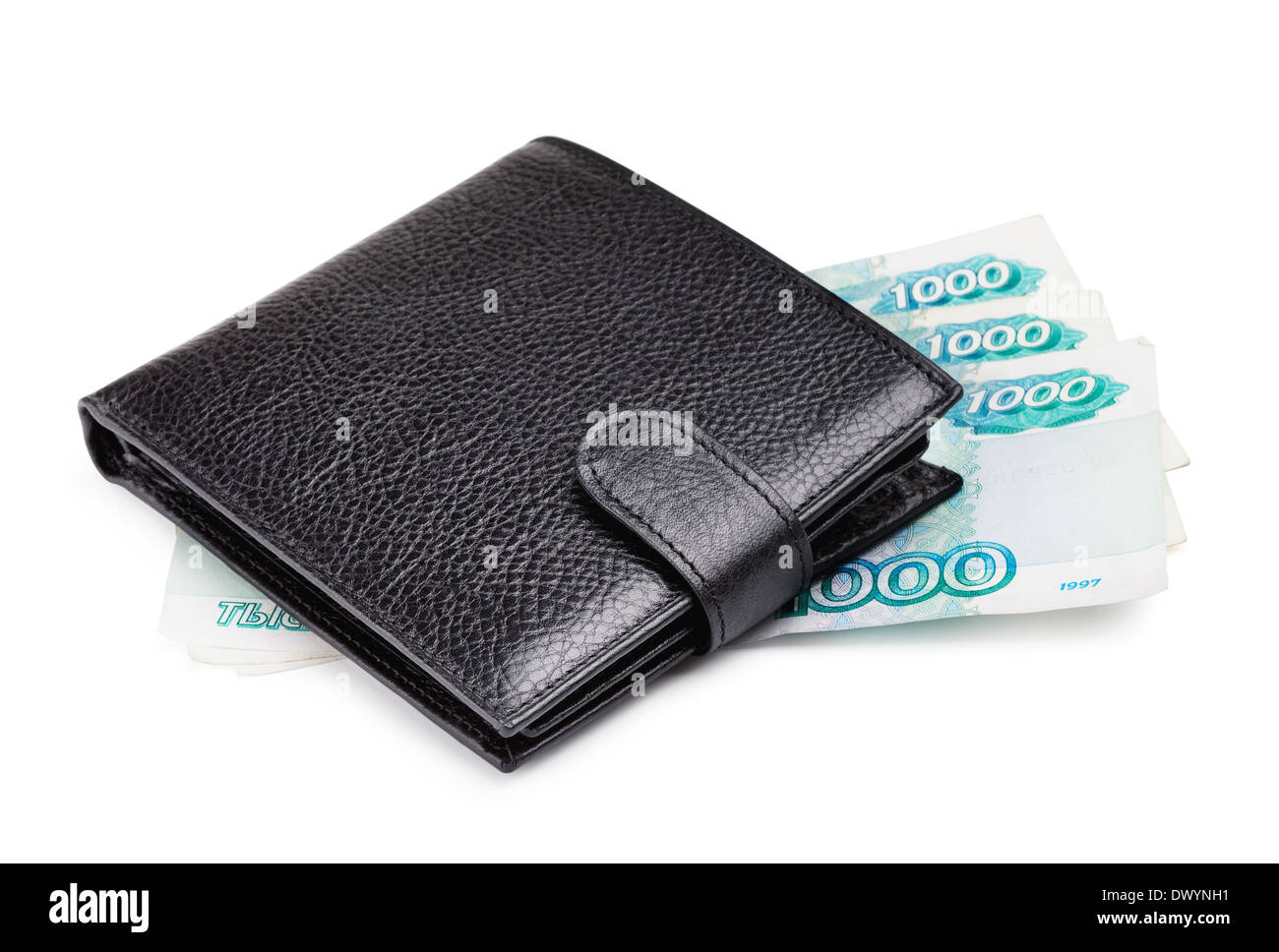 black leather wallet with cash, isolated on white Stock Photo - Alamy