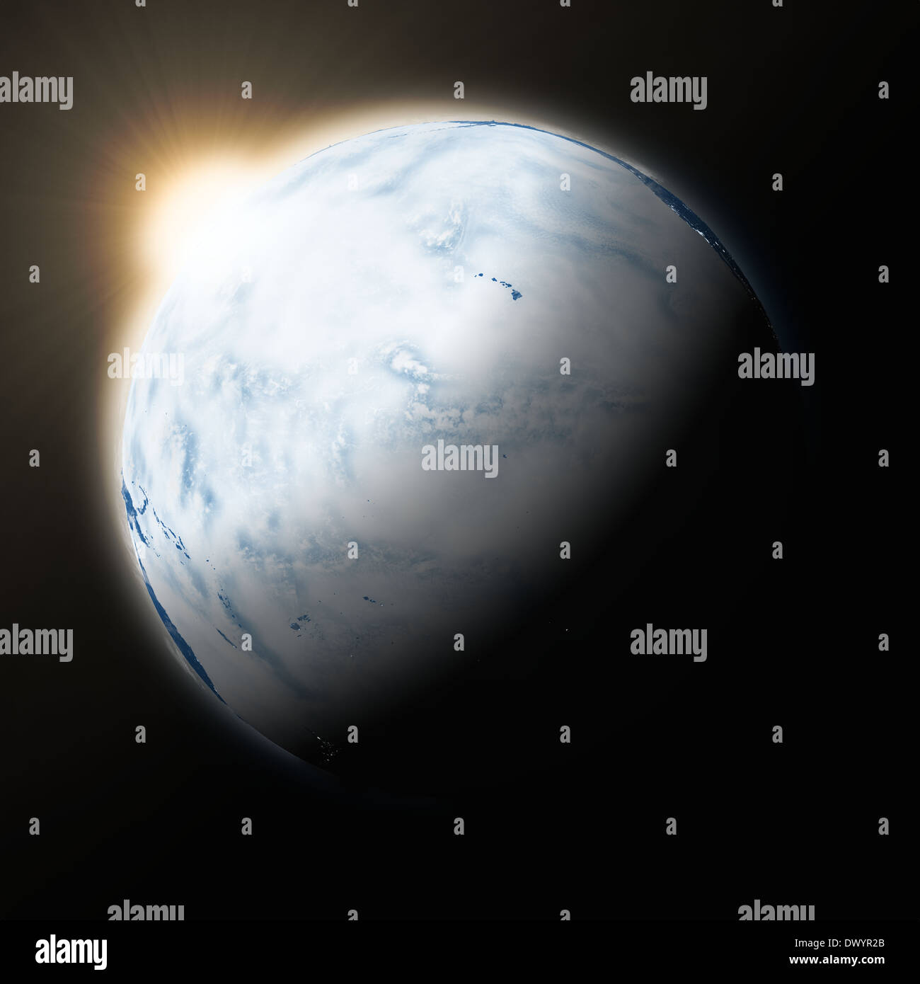 Sun over Pacific Ocean on blue planet Earth isolated on black ...