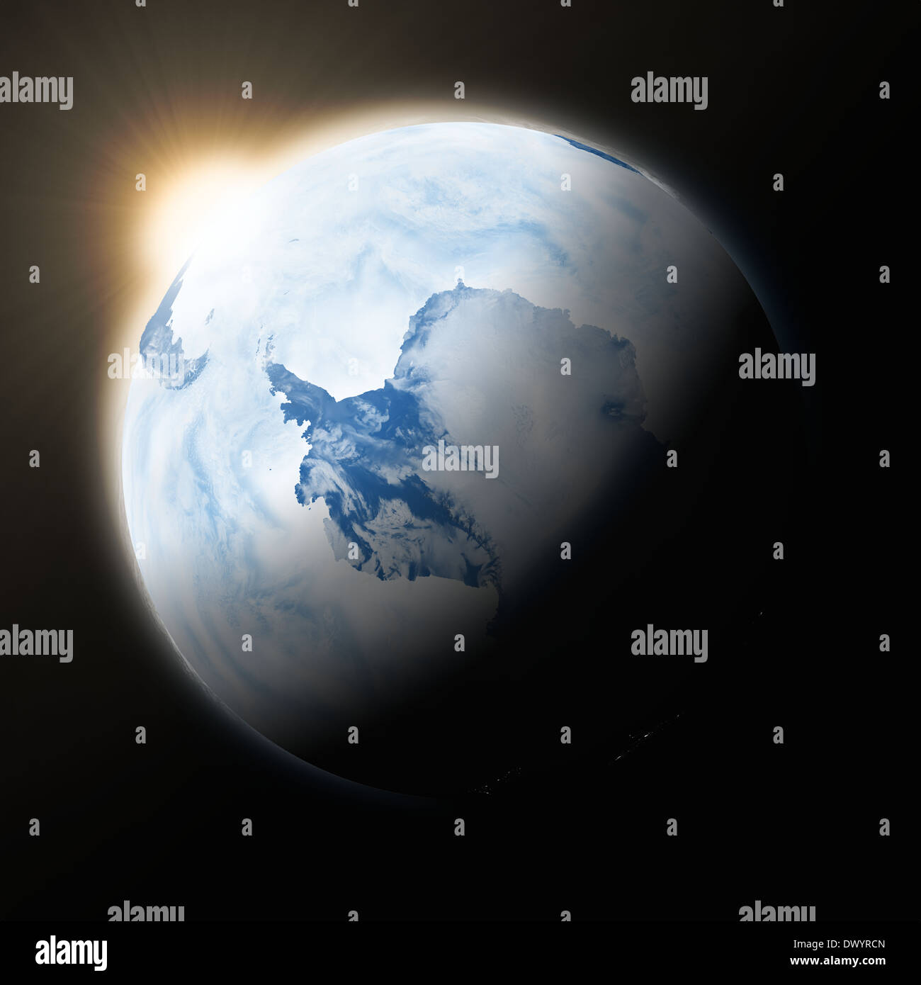 Sun over Antarctica on blue planet Earth isolated on black background ...
