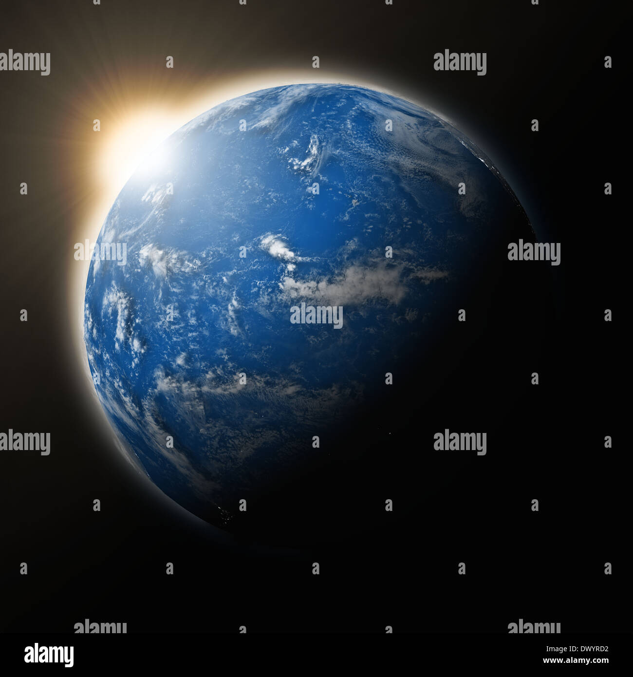 Sun over Pacific Ocean on blue planet Earth isolated on black ...