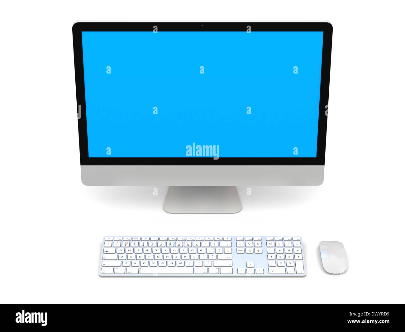Modern desktop computer with blue screen isolated on white background ...