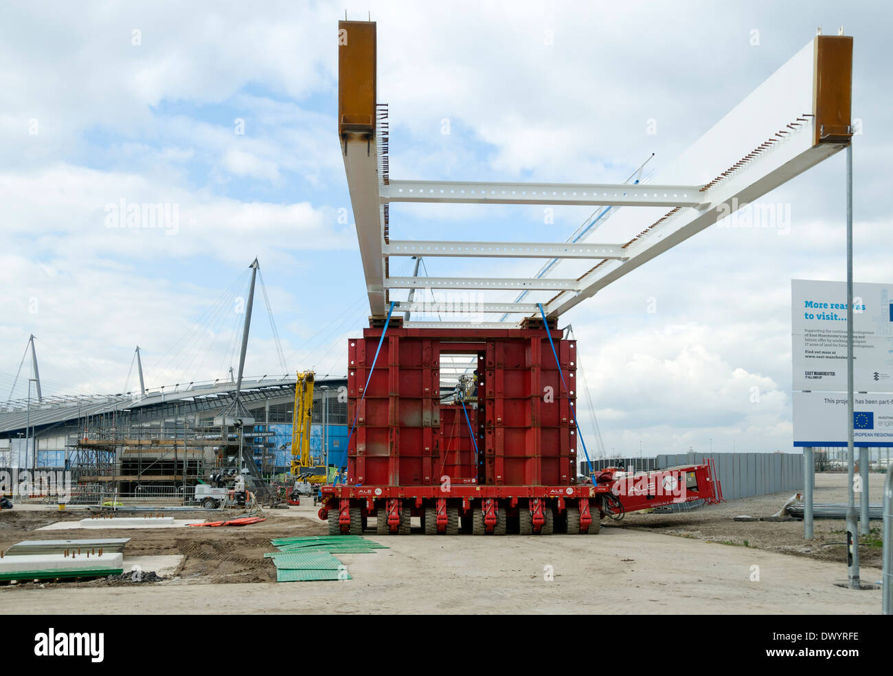 Etihad Campus footbridge about to be moved into position supported on ...