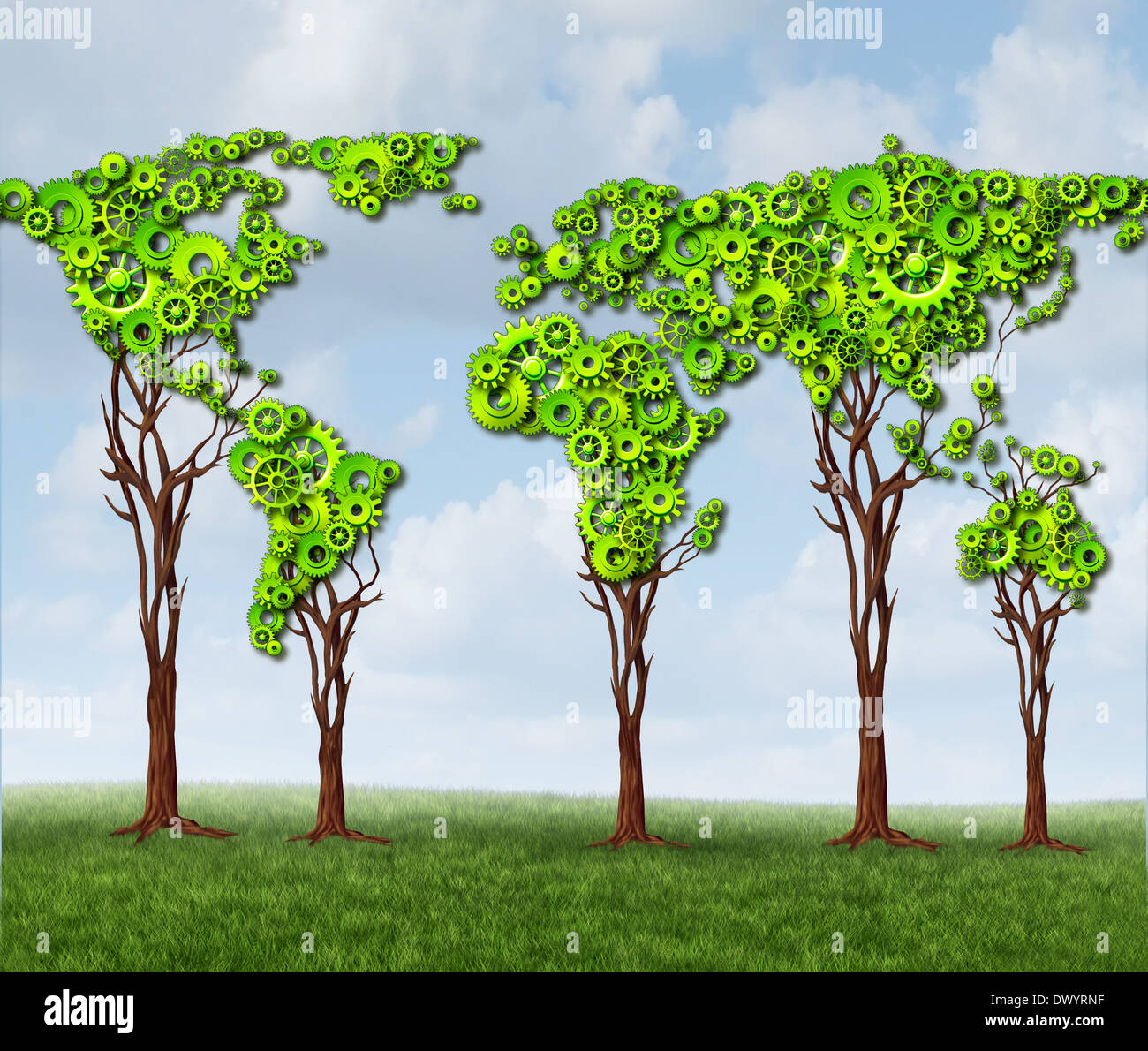 Global tree gears with a group of green cog wheels connected together ...