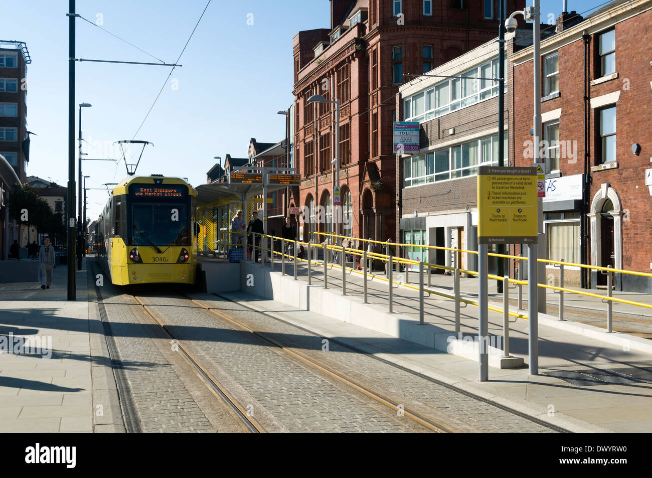 Metrolink tram at Oldham Central Metrolink stop, Union Street, Oldham ...