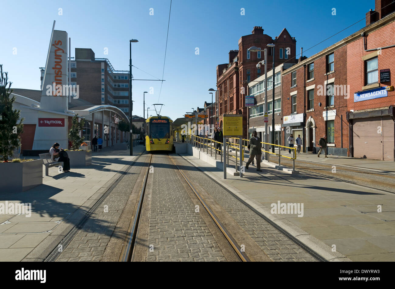 Metrolink tram at Oldham Central Metrolink stop, Union Street, Oldham ...