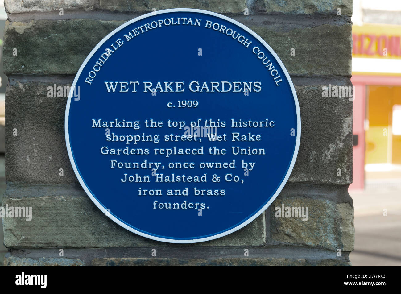 Blue plaque at Wet Rake Gardens, Drake Street, Rochdale, Greater ...