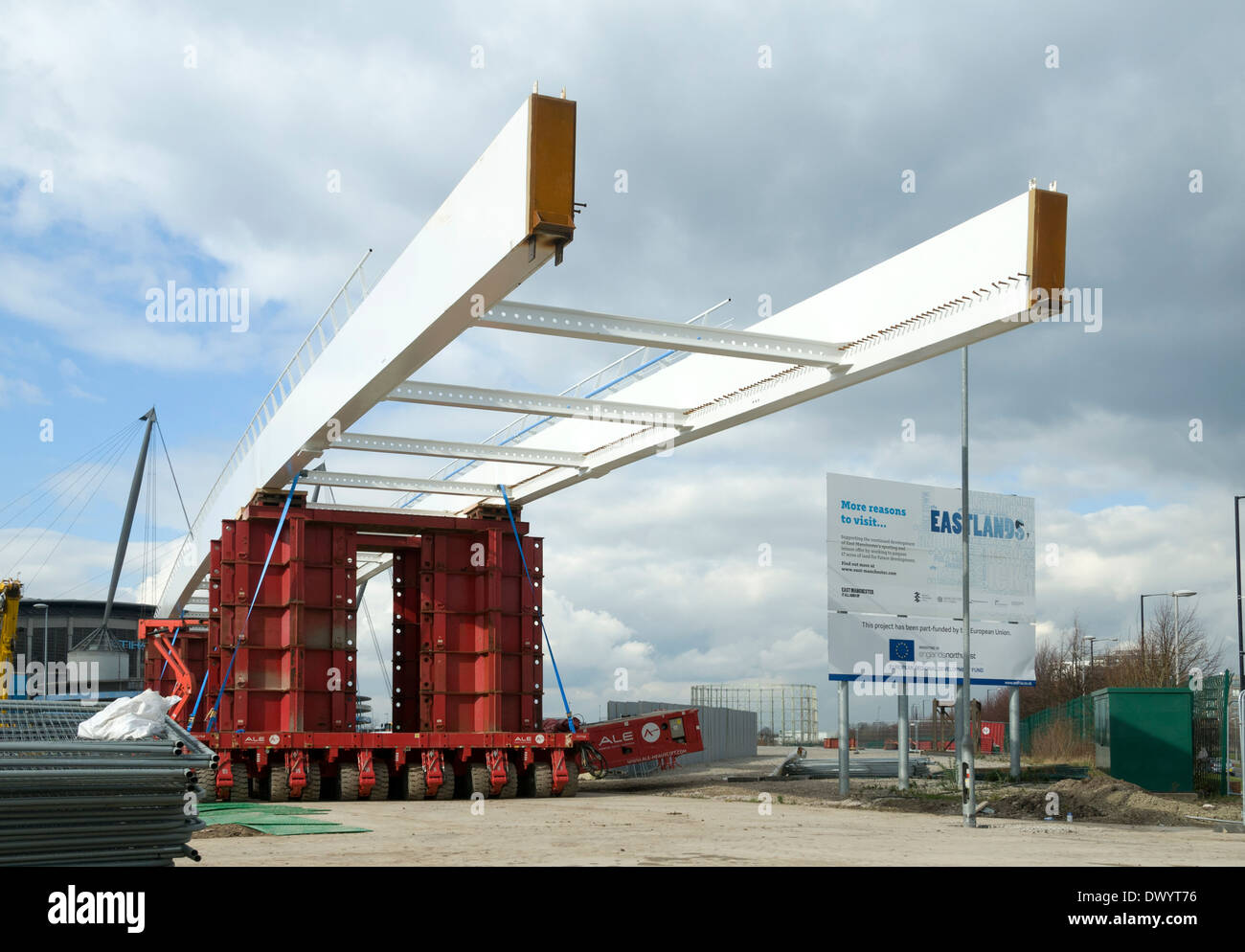 Etihad Campus footbridge about to be moved into position supported on ...