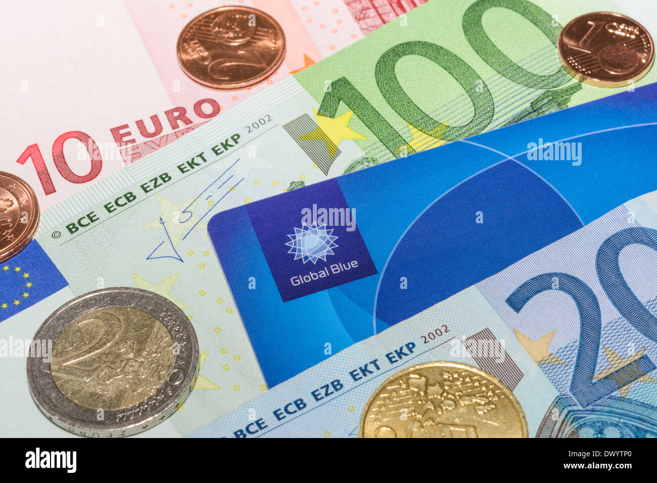 MUNICH, GERMANY - FEBRUARY 23, 2014: European currency notes and coins ...