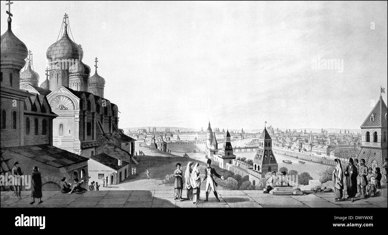 Historic drawing, 19 Century, 1807, cityscape of Moscow, Russia, Europe ...
