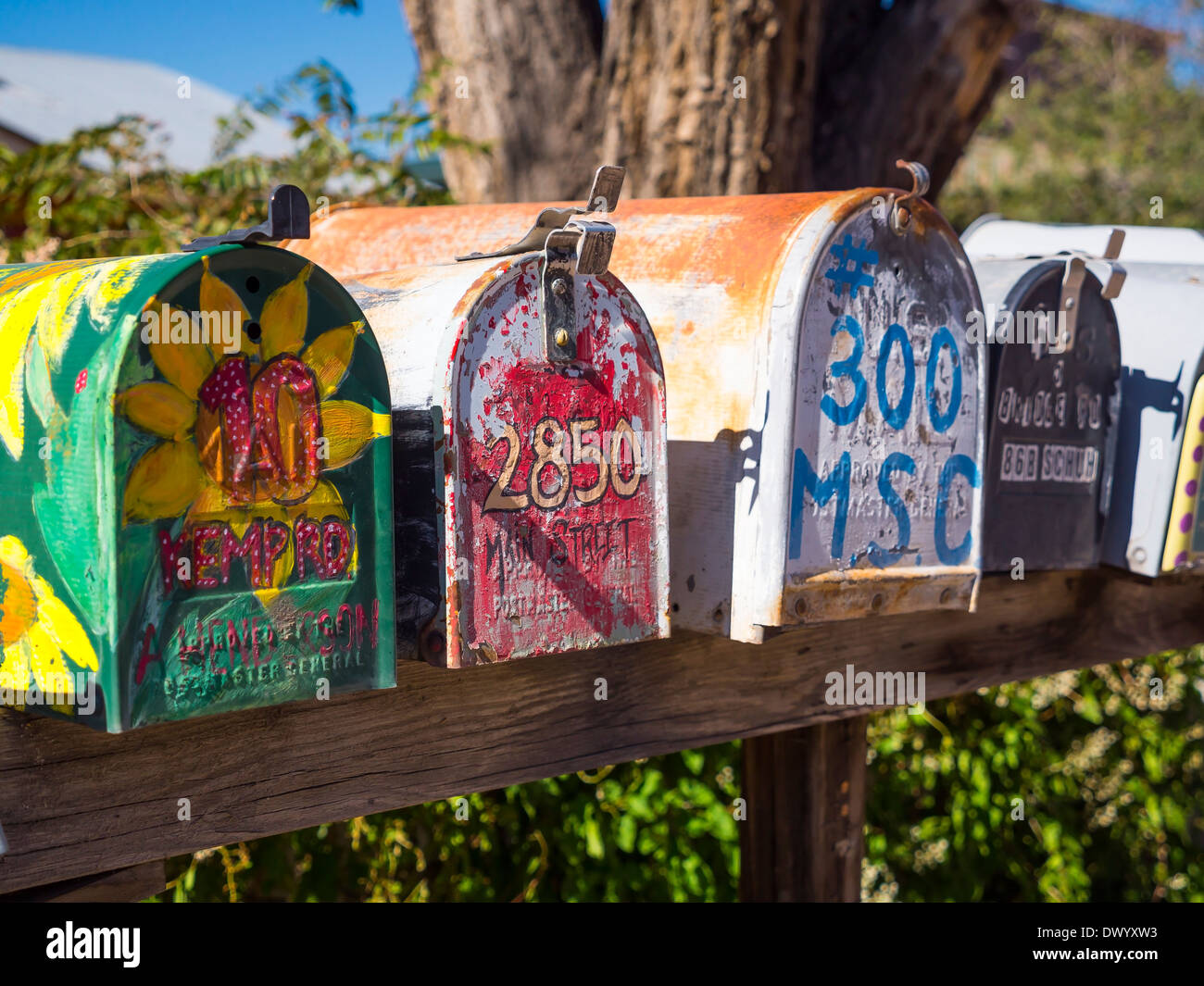 Painted mail boxes in the artistic town of Madrid, New Mexico, US Stock ...