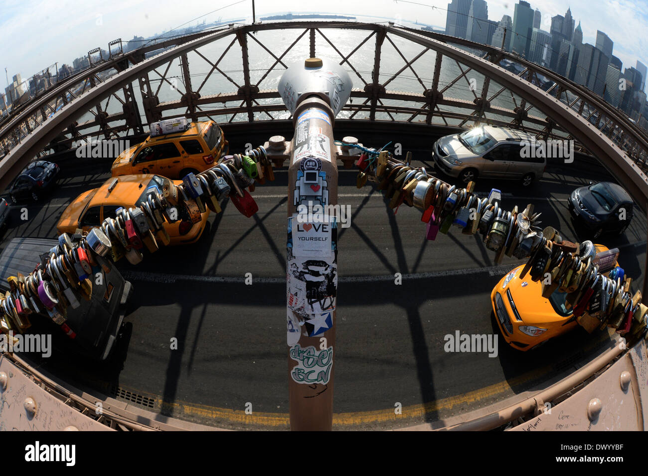 New York, USA. 10th Mar, 2014. Love locks hang on the balustrade of ...