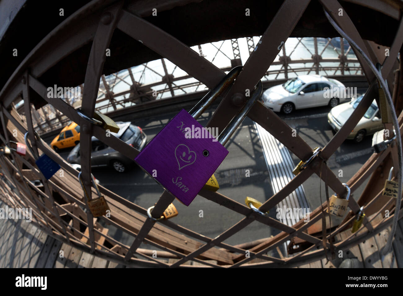 New York, USA. 10th Mar, 2014. Love locks hang on the balustrade of ...