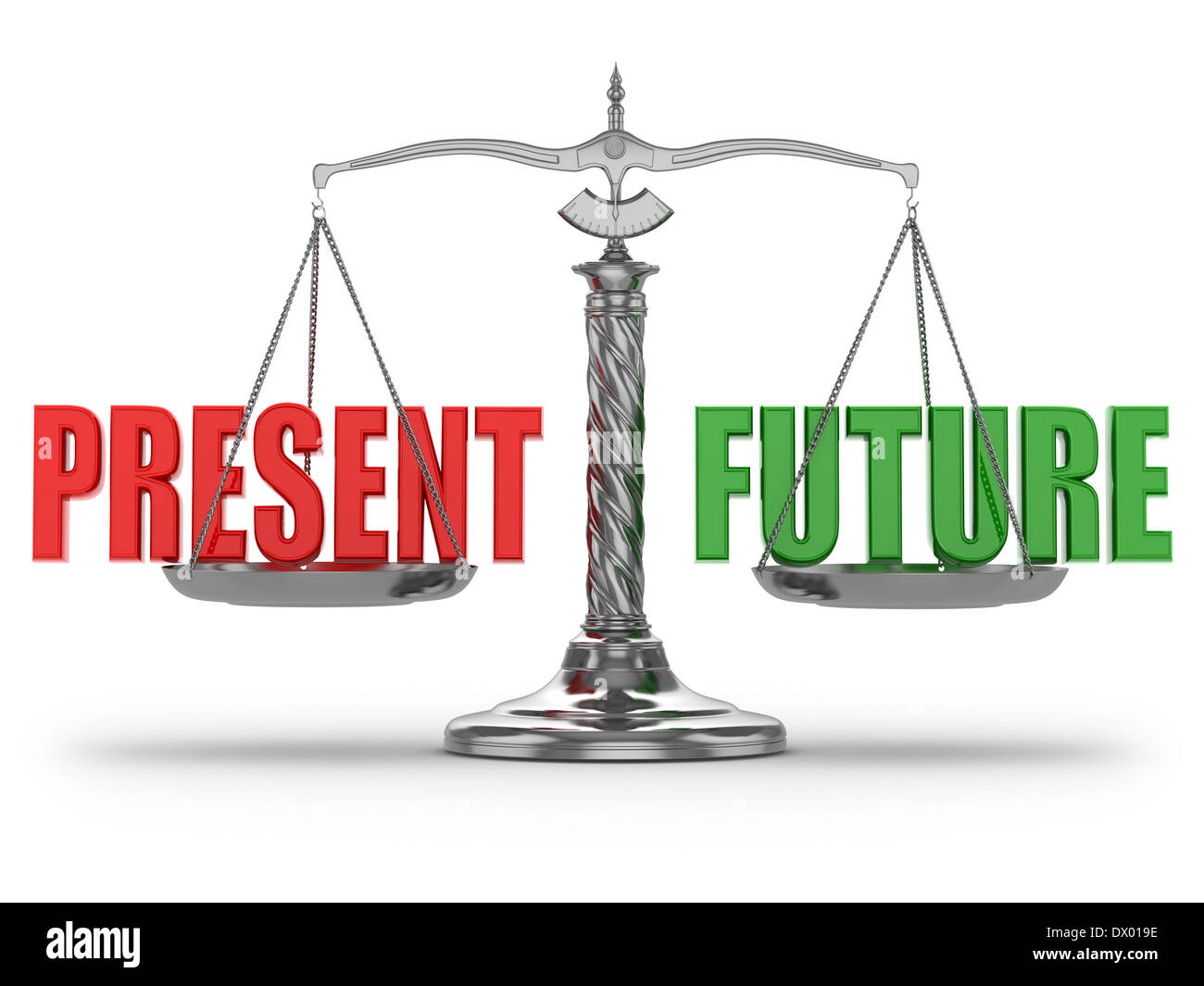 Choosing present or future. Scales on white isolated background. 3d ...