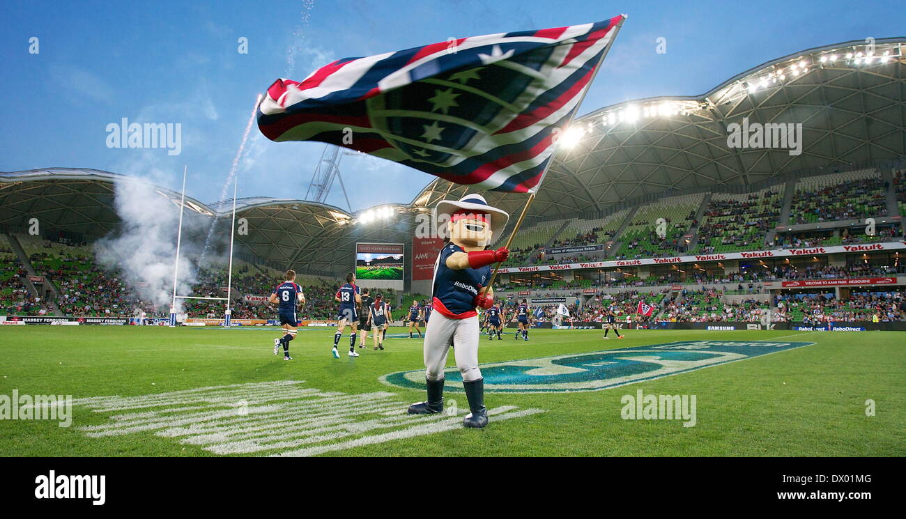 Melbourne, Australia. 14th Mar, 2014. The Melbourne Rebels mascot waves ...