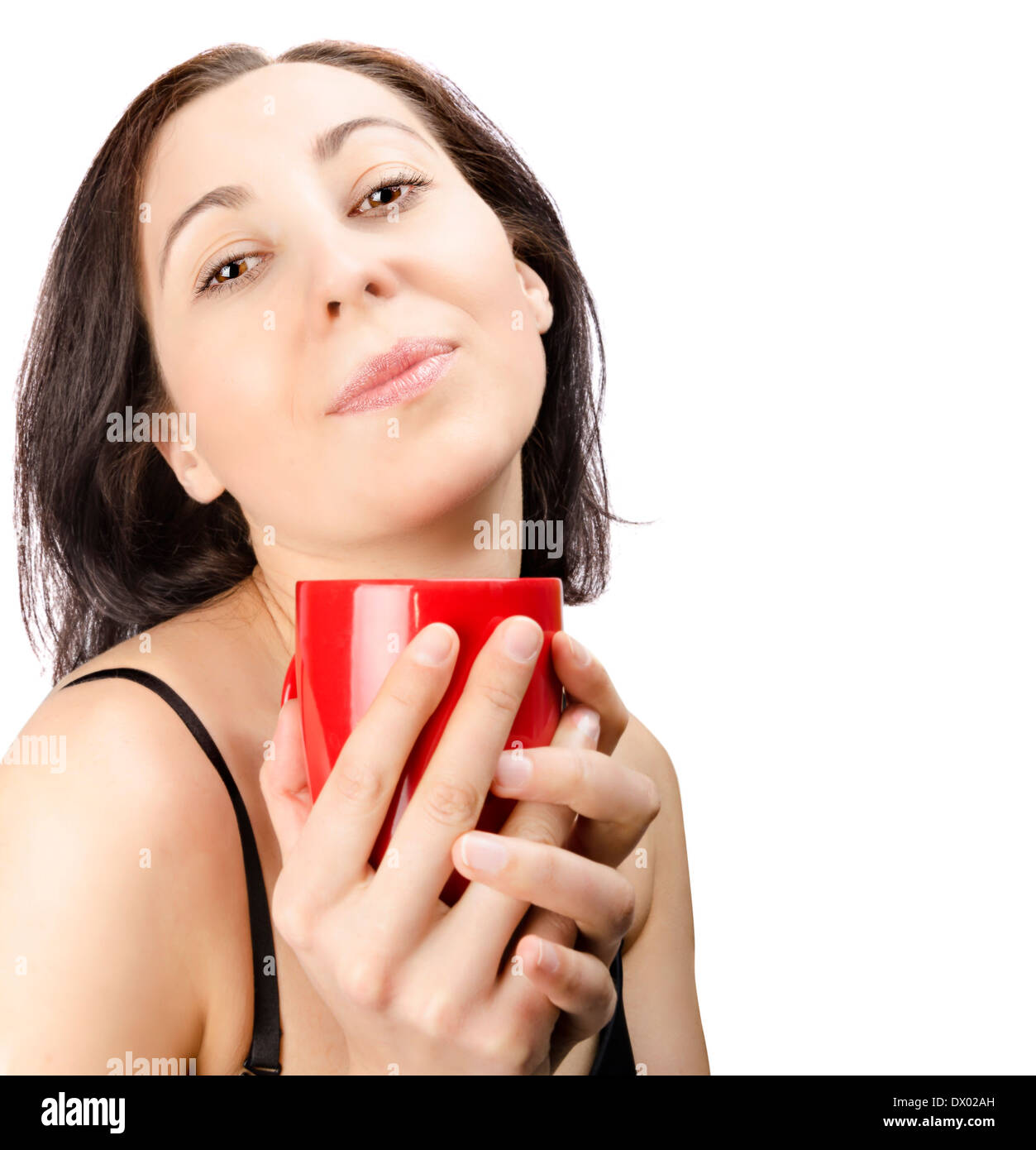 Beautiful lady drinking coffee, isolated on white Stock Photo - Alamy