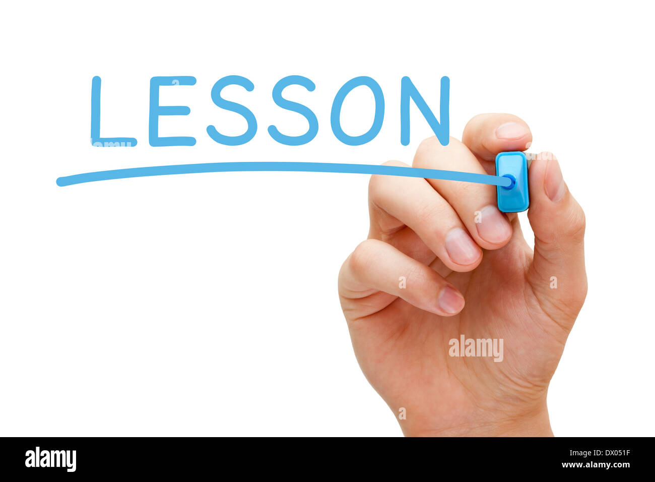 Hand writing Lesson with blue marker on transparent wipe board Stock ...