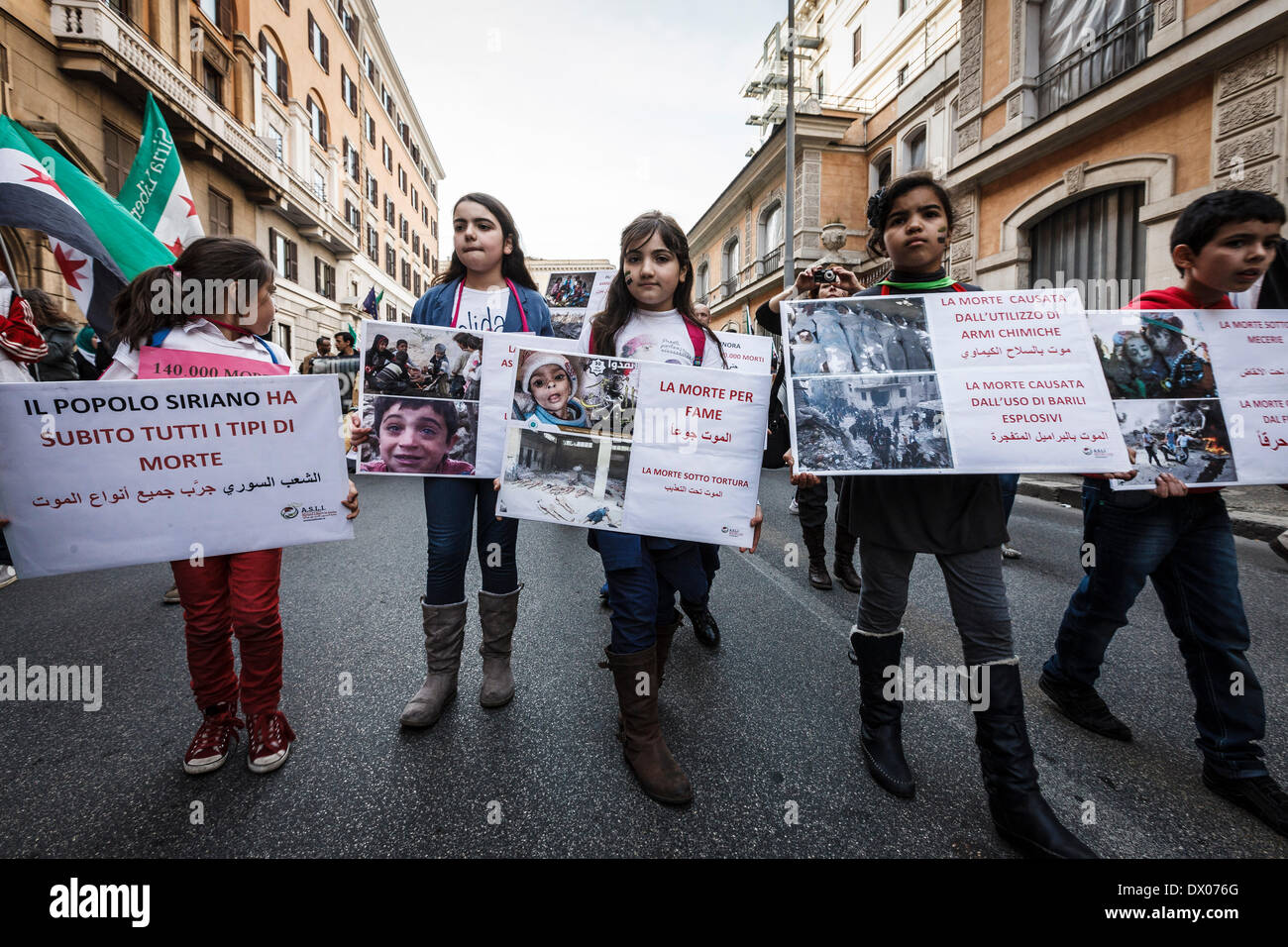 Rome, Italy – March 15, 2014: Syrian boys with colours of the Syrian ...