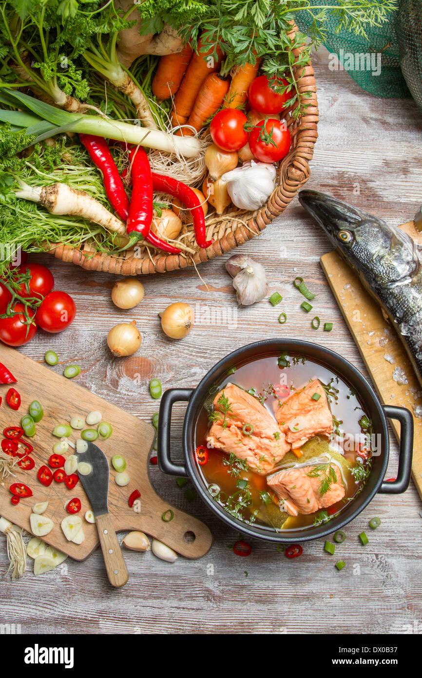 Pike and fresh vegetables for soup of fish Stock Photo - Alamy