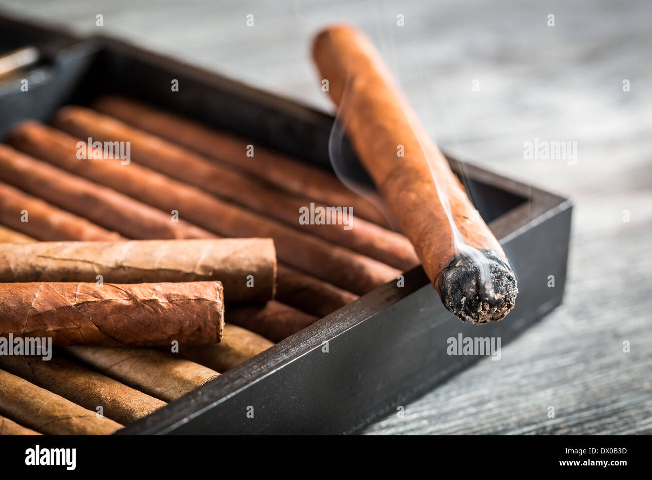 Burning cigar with smoke on wooden humidor Stock Photo - Alamy