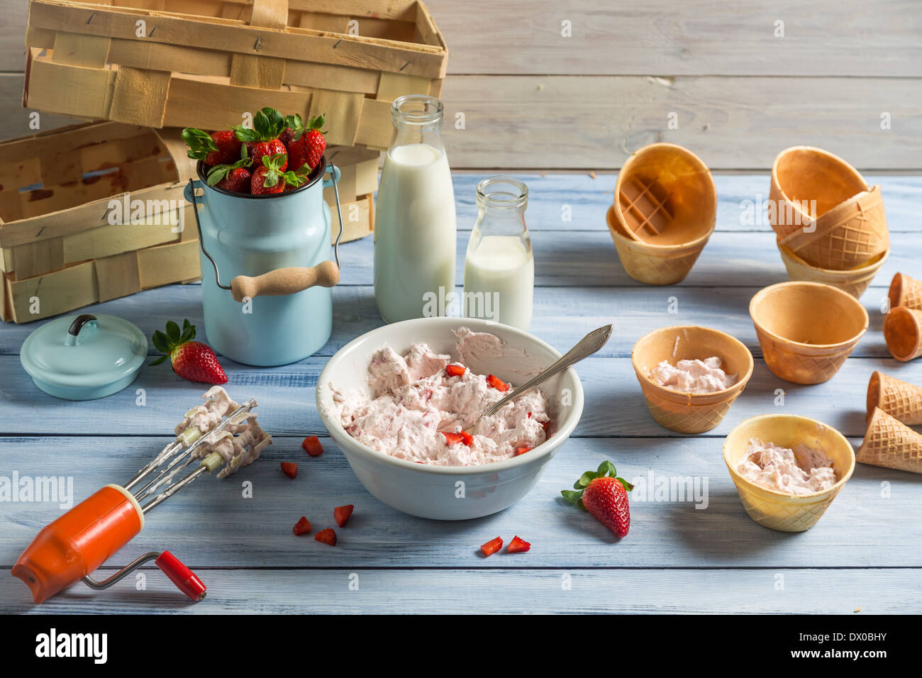 Homemade production line of strawberry ice cream Stock Photo - Alamy