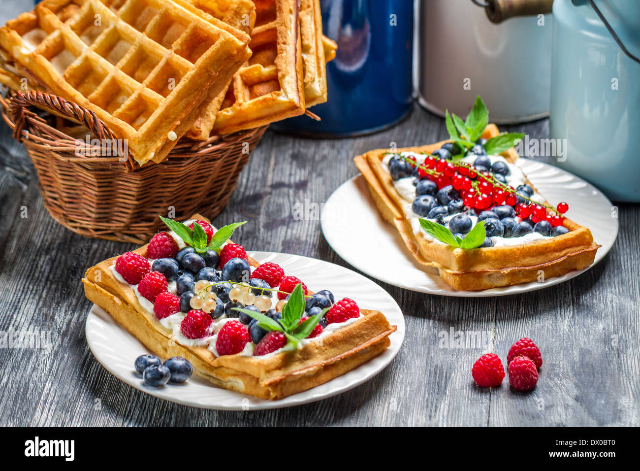 Waffles with fruit and whipped cream Stock Photo - Alamy