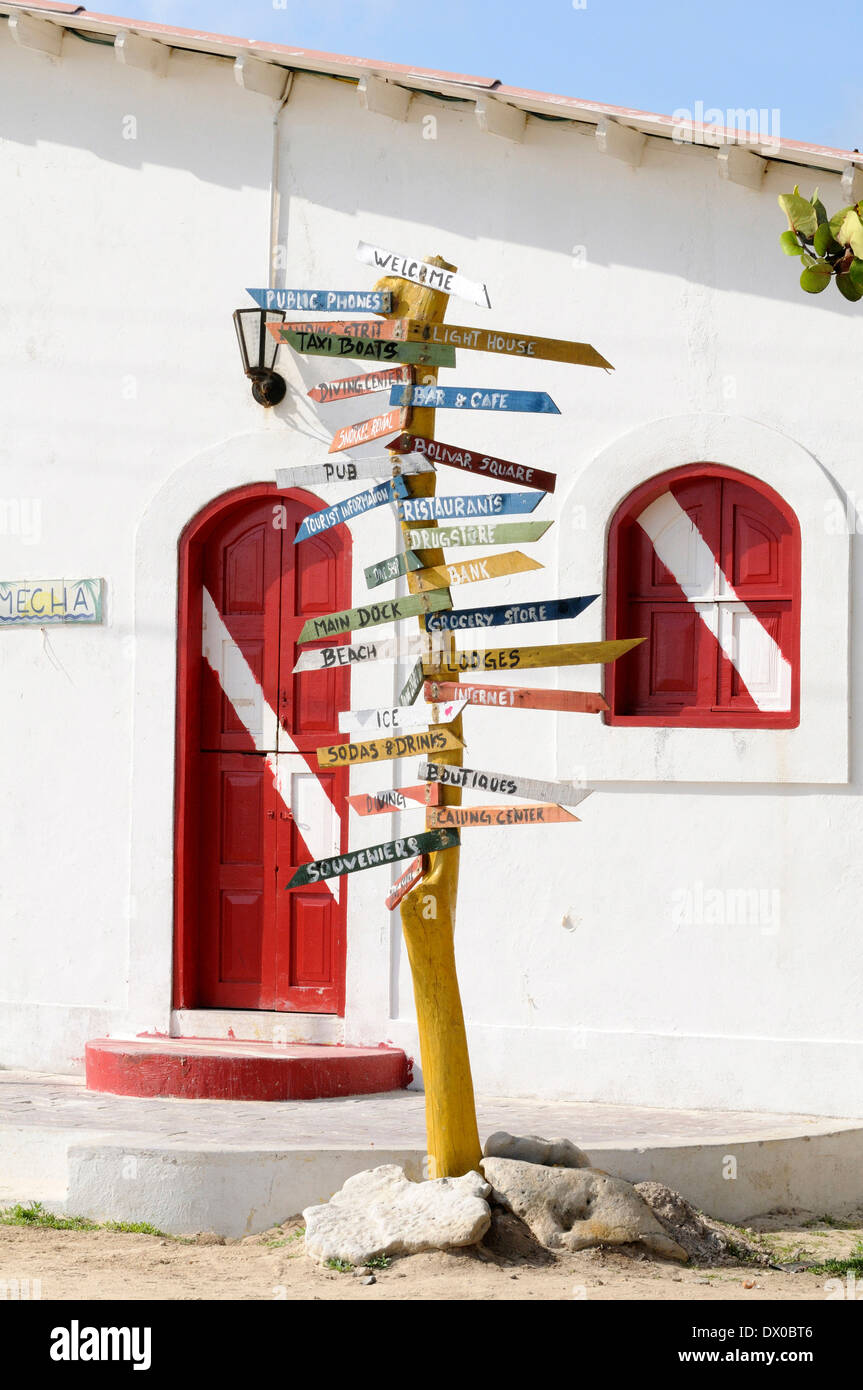 a picturesque road sign a Gran Roque, in the Archipelago of Los Roques ...