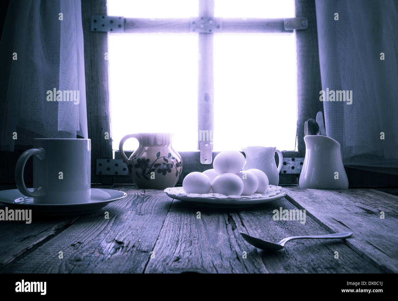 Old kitchen table in a rural cottage in the morning Stock Photo - Alamy