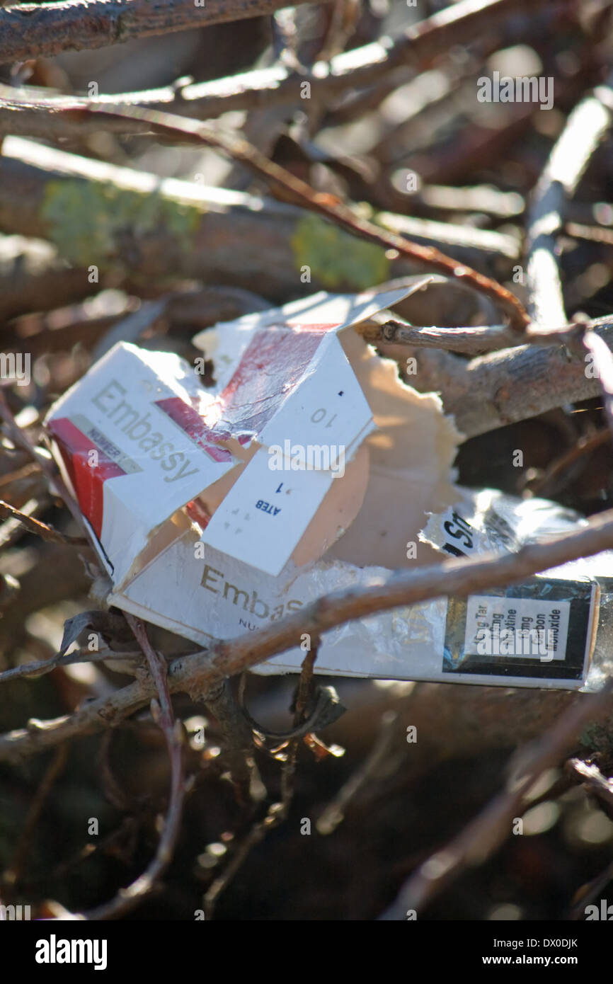 Discarded cigarette packet on a nature reserve in Weymouth,Dorset Stock ...