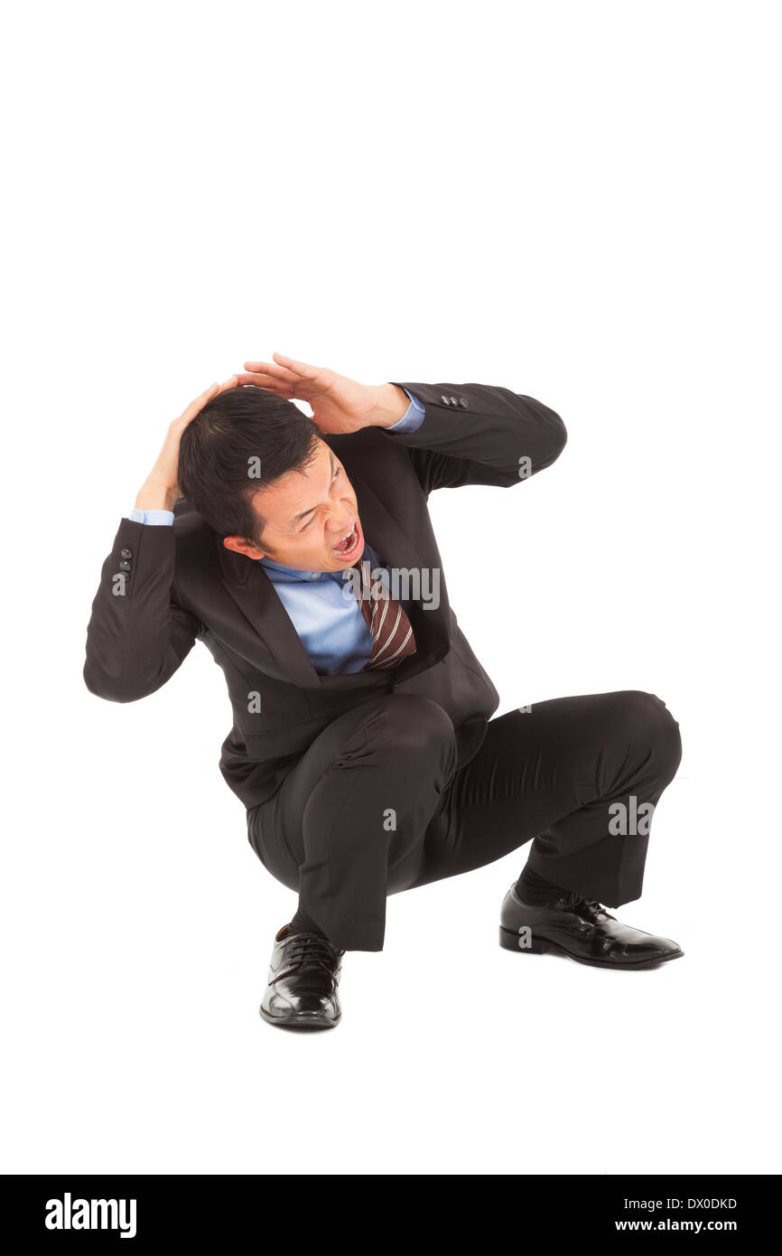 businessman scared and protect his head over white background Stock ...