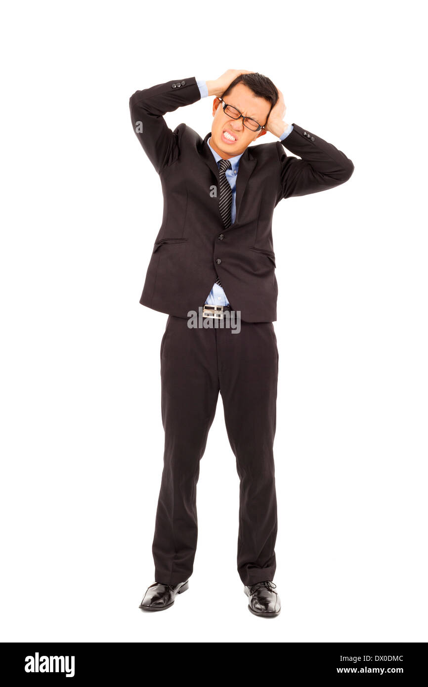 confident businessman raise hand to point something over white ...