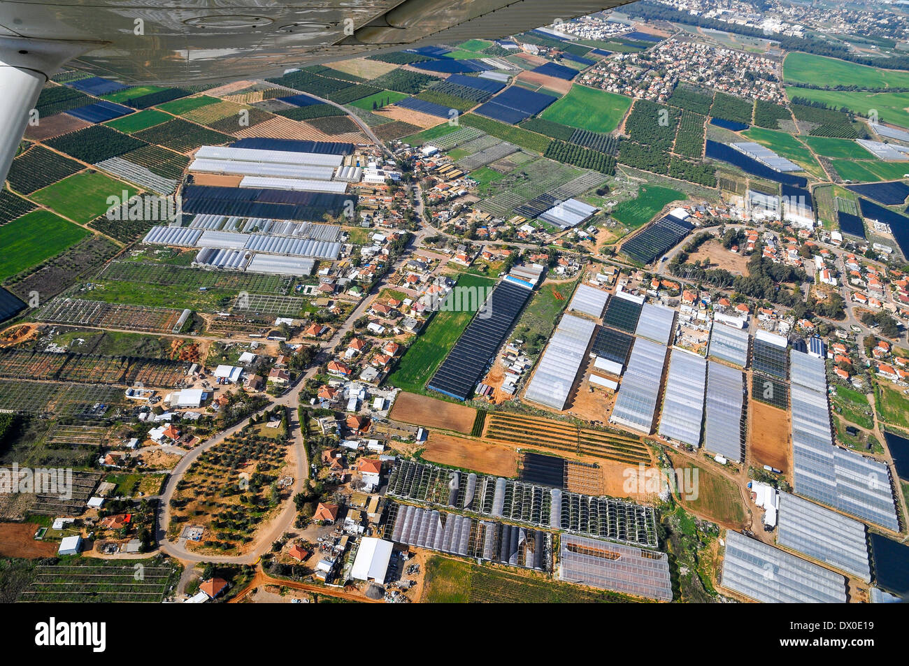 Aerial view of Sharon District, Israel from within a Cessna airplane ...