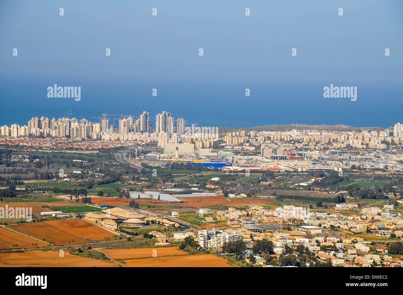Aerial view of Sharon District, Israel from within a Cessna airplane ...