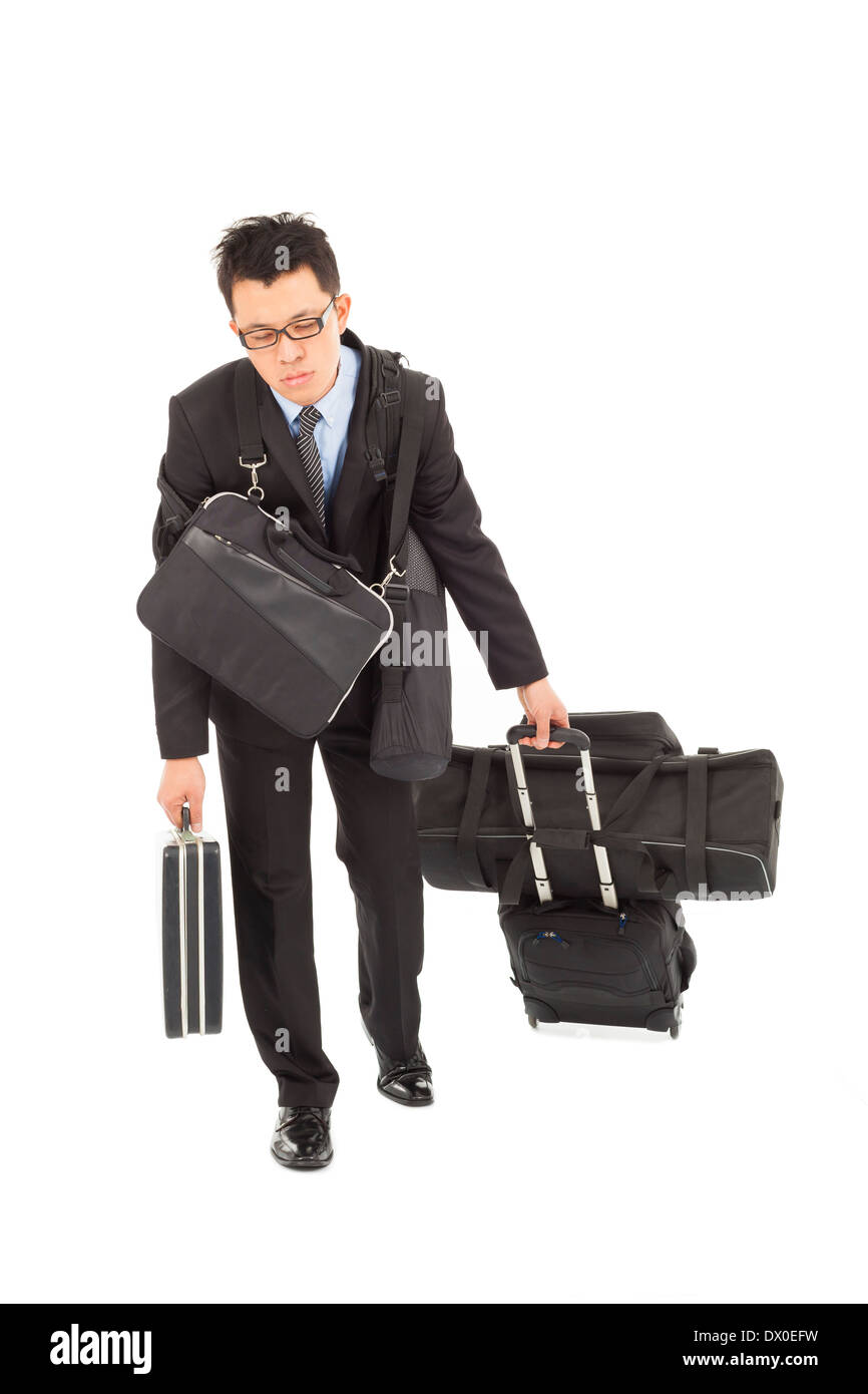 exhausted businessman taking all bags and suitcases over white ...