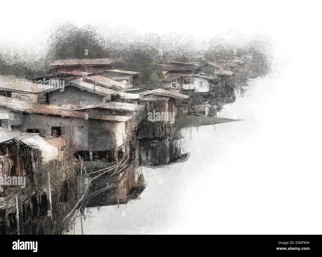 Painting of a canalside slum community in Bangkok Stock Photo - Alamy