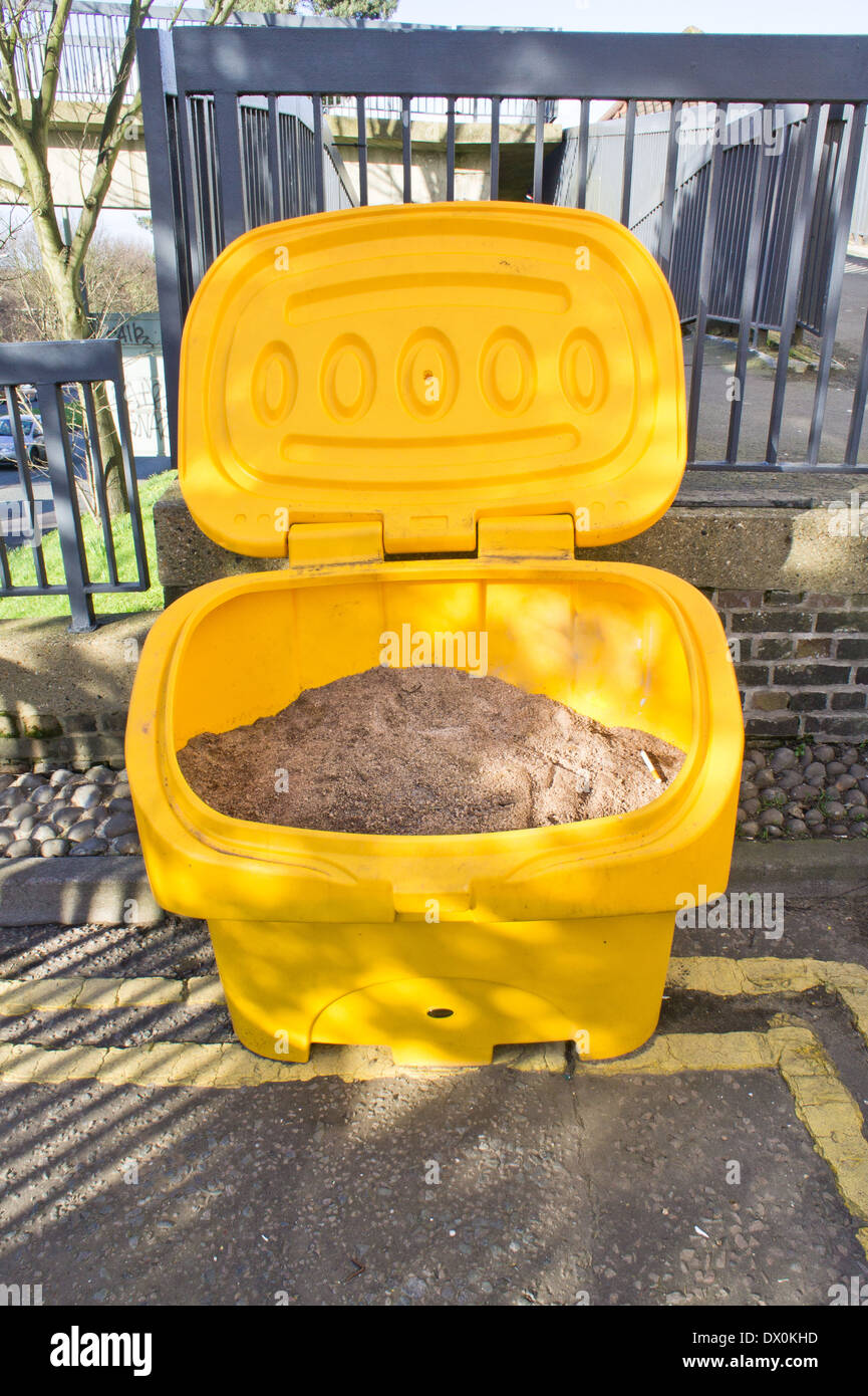 Open container of grit for roads in icy weather in the UK Stock Photo ...