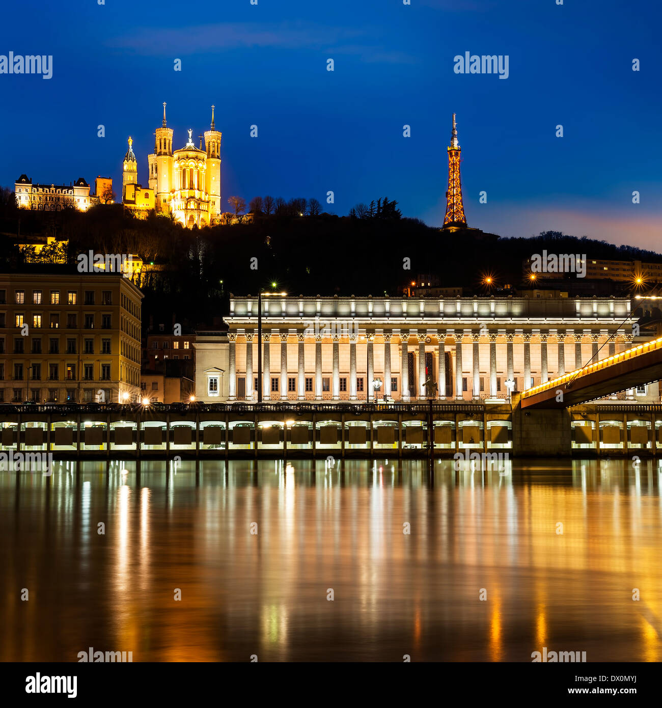 night view from Lyon city near the Fourviere cathedral and Saône river ...