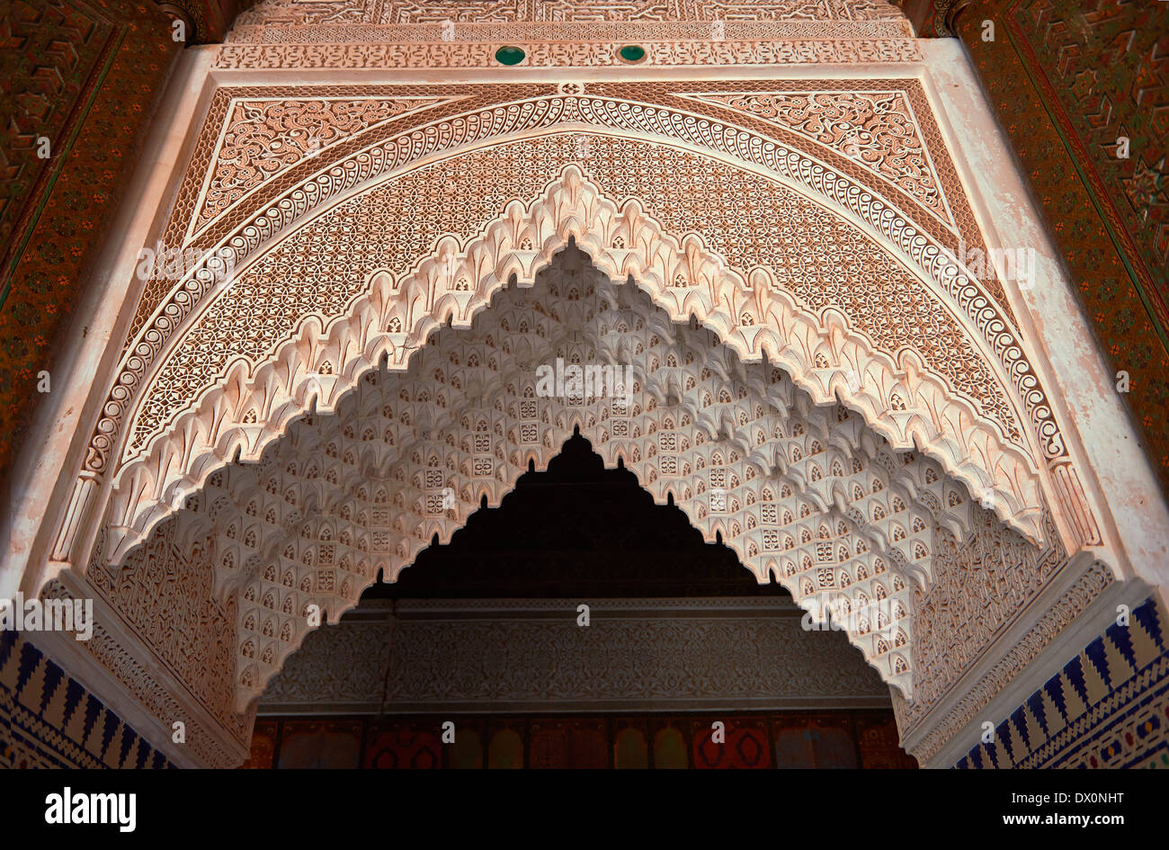 Berber Muqarnas Arabesque stalactite plaster work on the ceiling of the ...