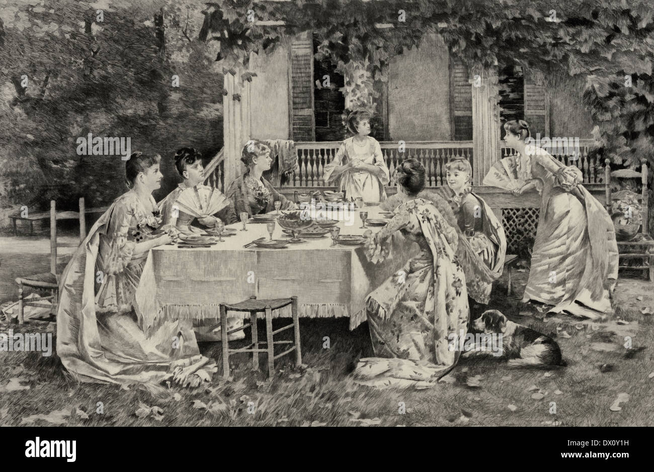 Five O'Clock Tea - Ladies enjoying tea outside, circa 1888 Stock Photo ...